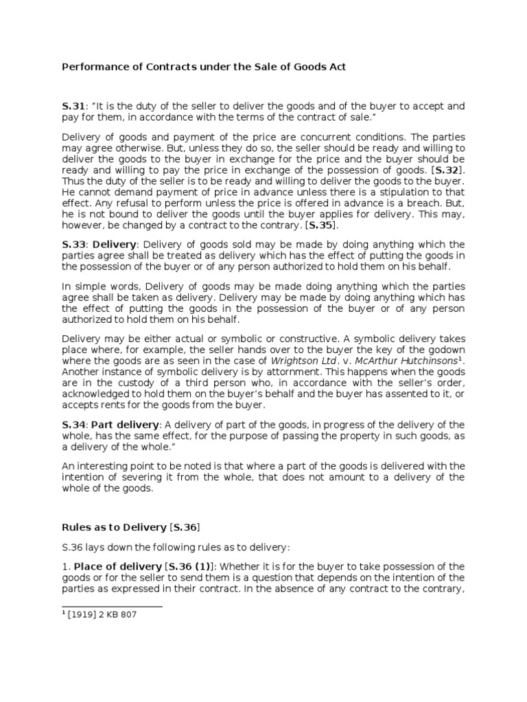 Performance Of Contracts Under The Sale Of Goods Act PDF Government