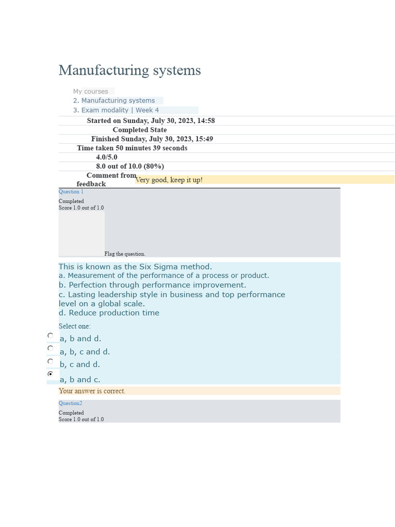 Six Sigma in Manufacturing Systems Exam | PDF