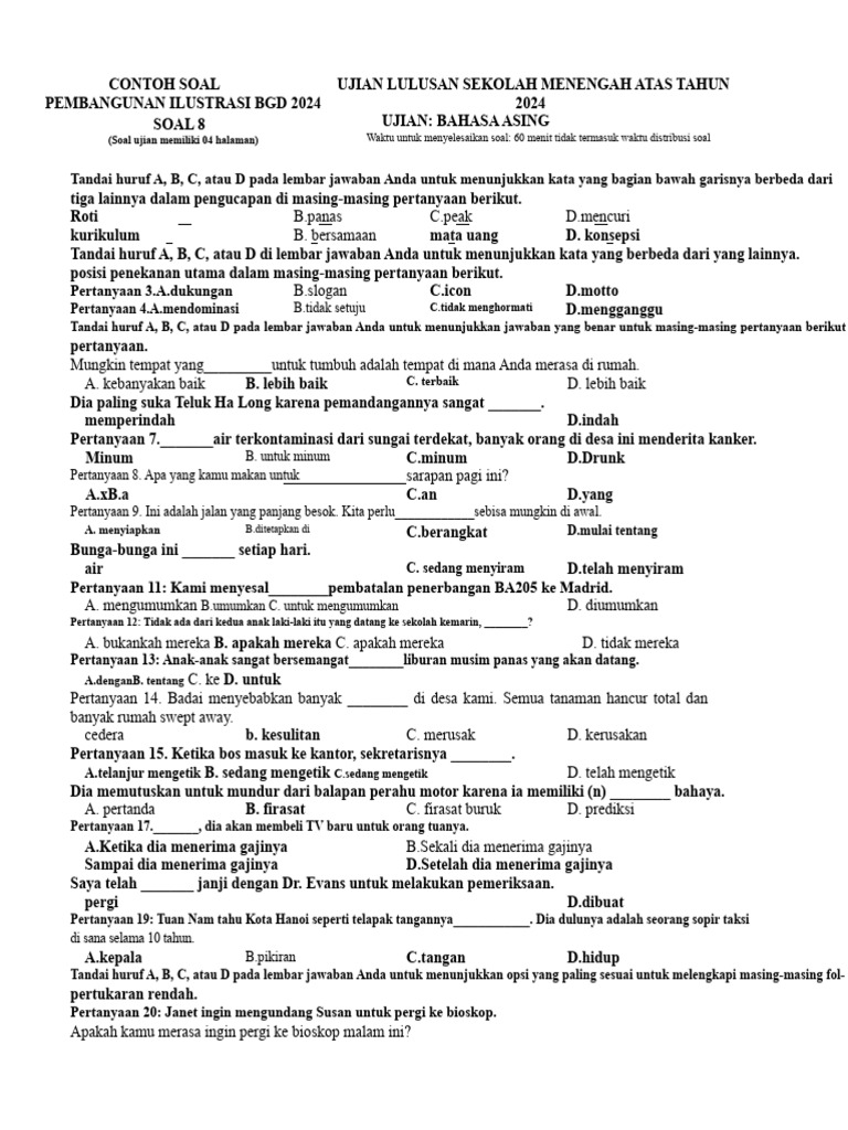Ujian Percobaan Yang Sesuai Dengan Struktur Soal Ujian Akhir SMA 2024 - Mata Pelajaran Bahasa ...