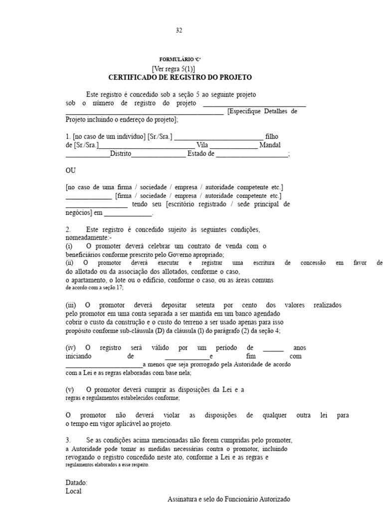 Certificado de Registro do Projeto Formulário c | PDF