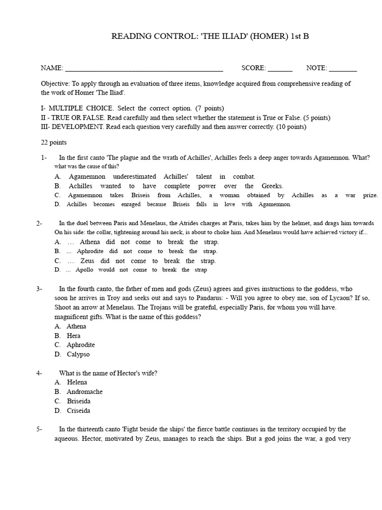 Reading Activity (The Iliad) | PDF | Hector | Trojan War