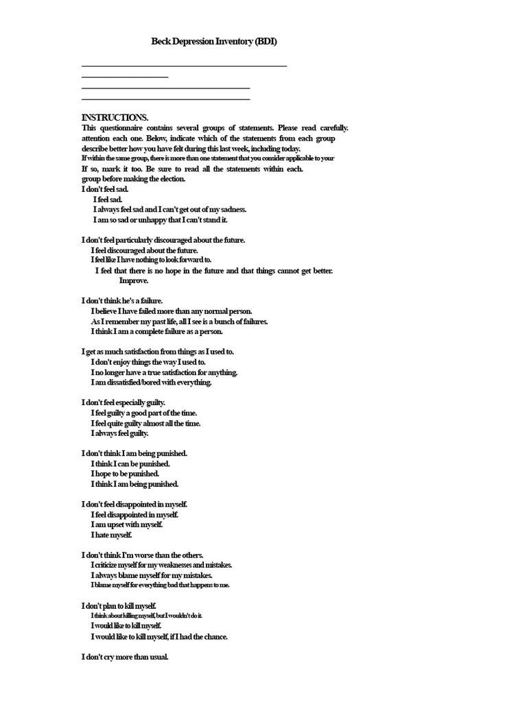 (BDI) Beck Depression Inventory | PDF | Psychology | Mental Health