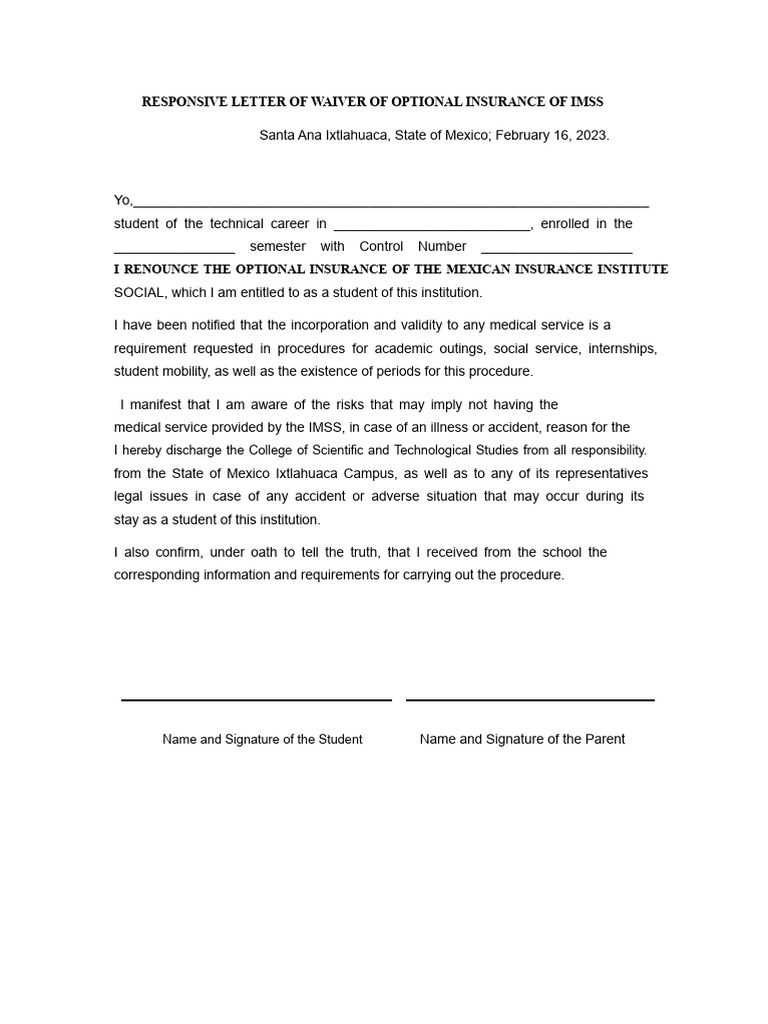 Letter of Responsibility For Waiving Optional Insurance From Imss | PDF