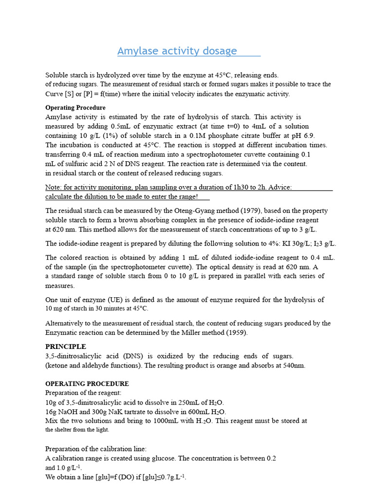 Amylase Activity Measurement Protocol | PDF | Enzyme | Starch