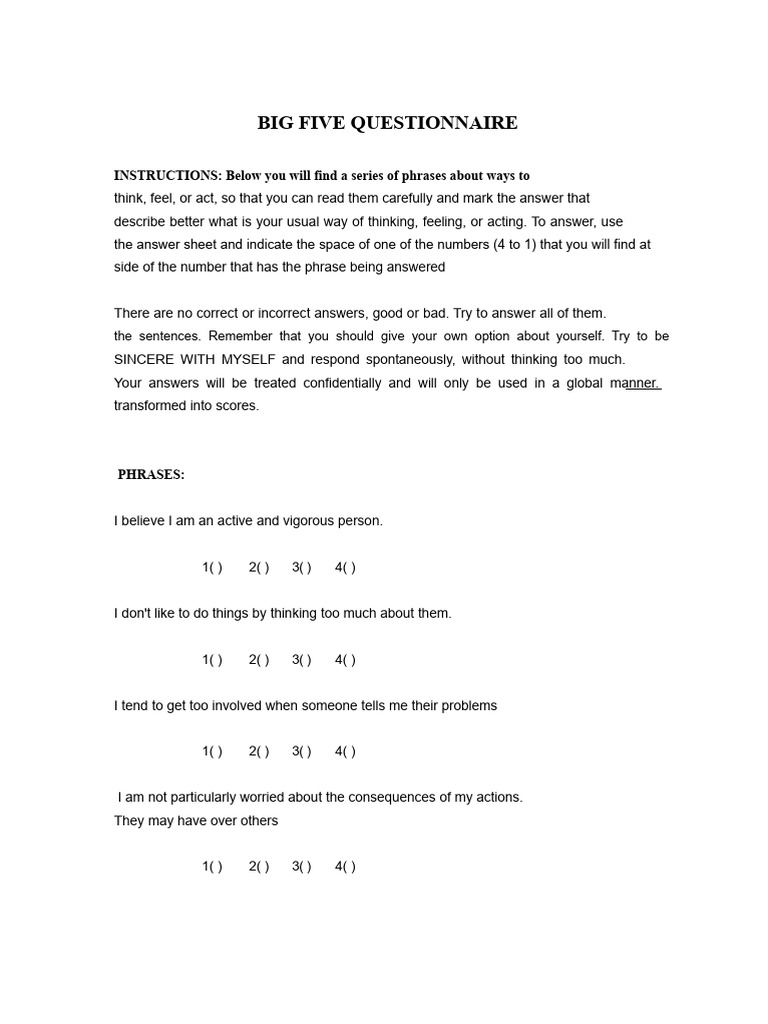 Big Five Personality Questionnaire | PDF | Social Psychology ...