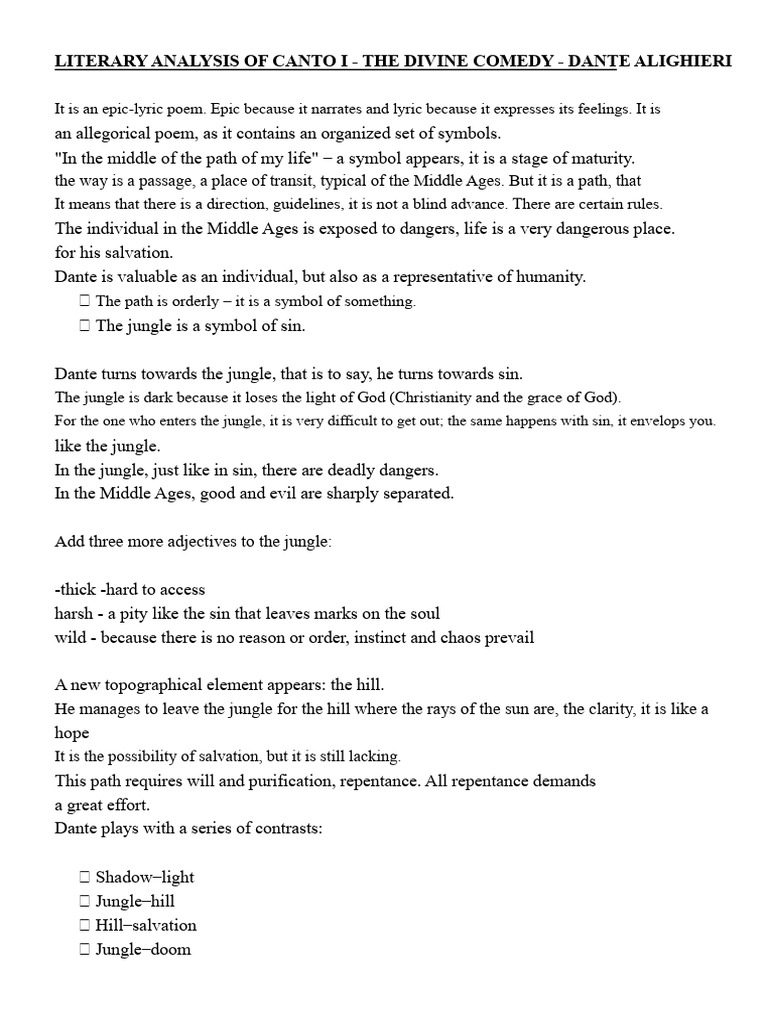 Literary Analysis of Canto I of The Divine Comedy by Dante Alighieri ...