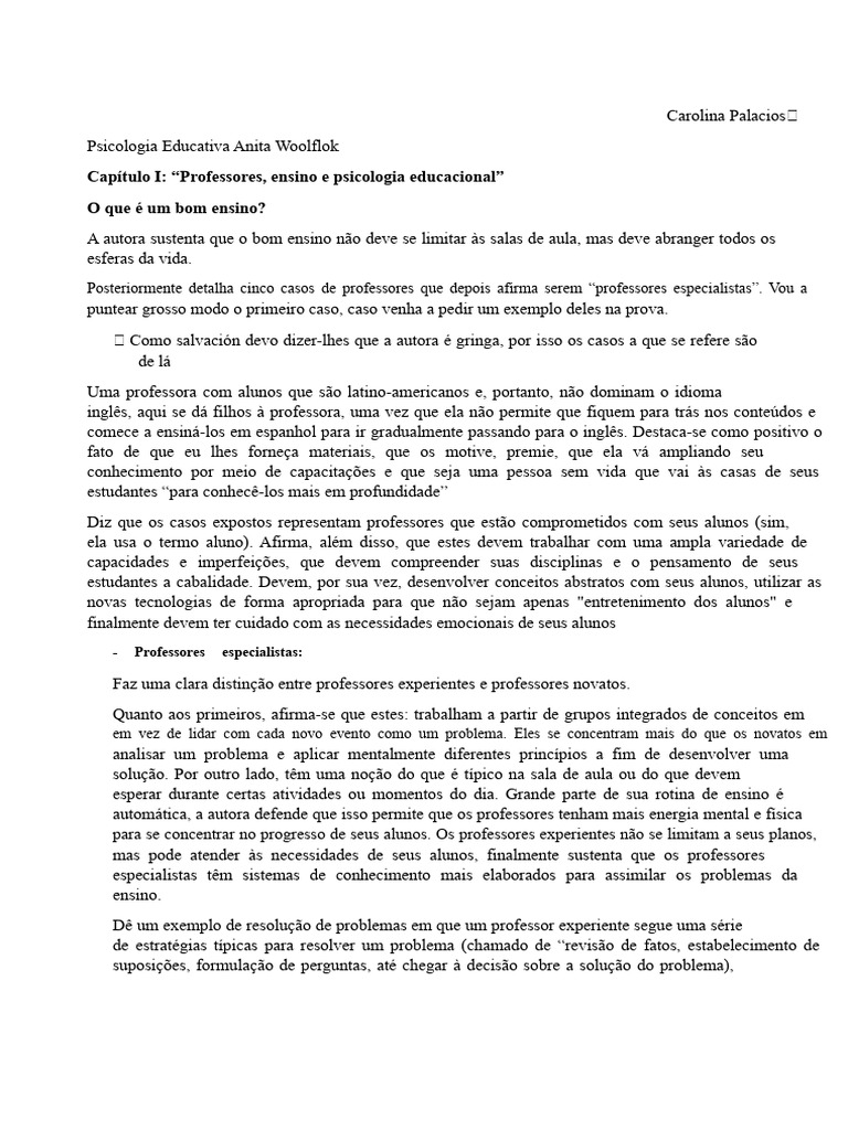 resumo-Cap I-Psicologia educacional-Anita Woolfolk | PDF | Psicologia | Aprendizado