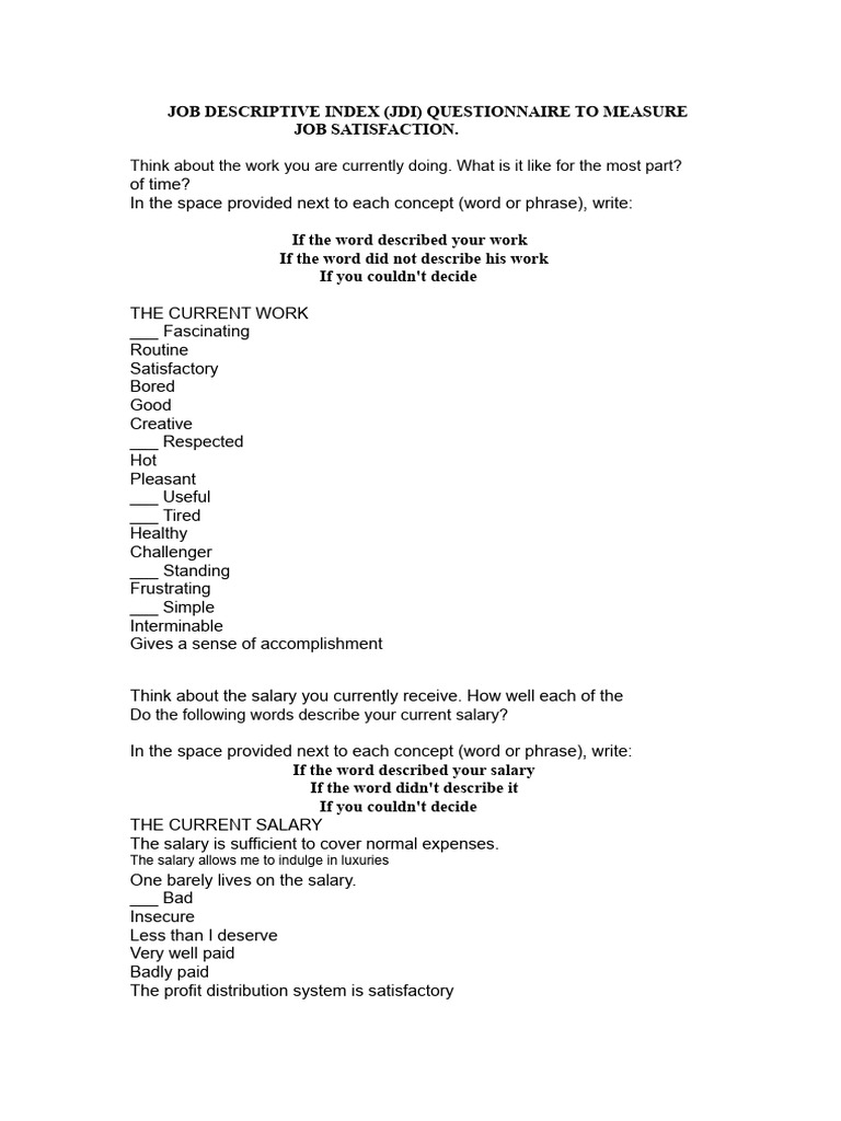 Job Descriptive Index Questionnaire | PDF | Job Satisfaction ...