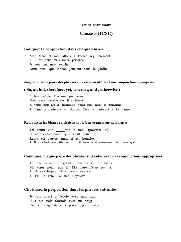 Test de grammaire pour la classe 5 | PDF | Mécanique du langage | Grammaire