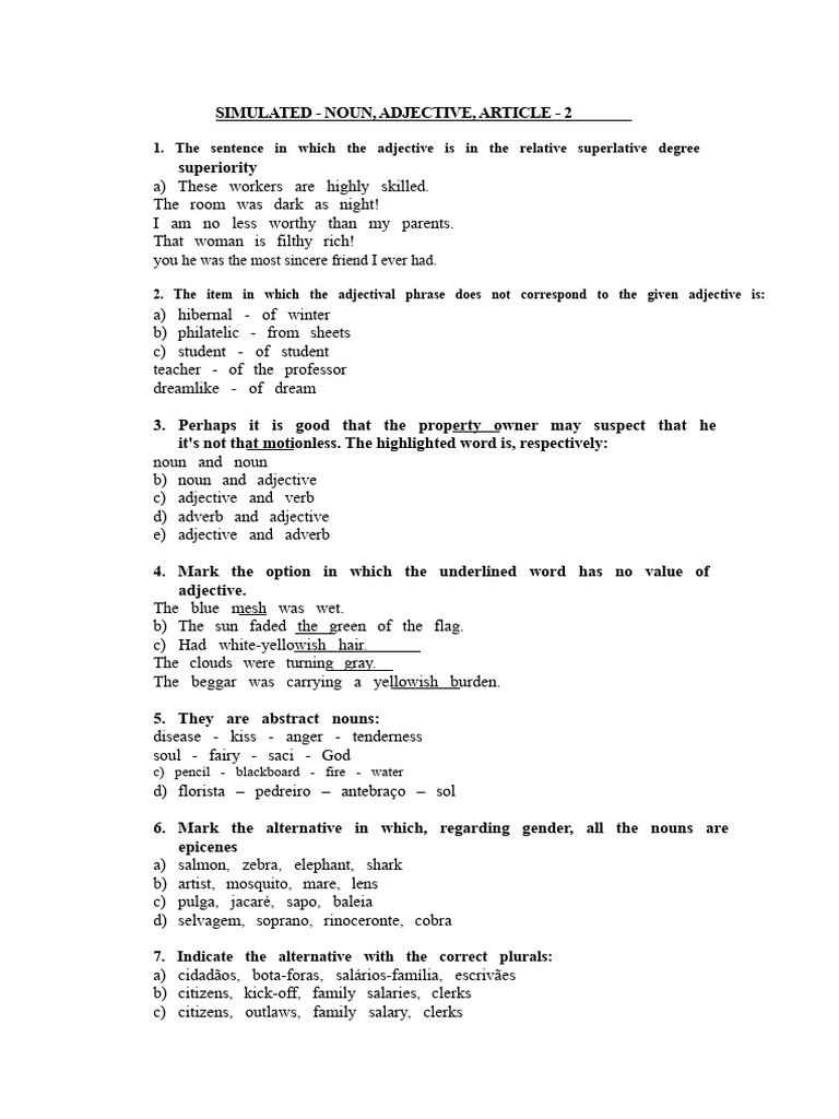 Simulated - Noun, Adjective, Article - 2 | PDF | Adjective | Grammatical Gender