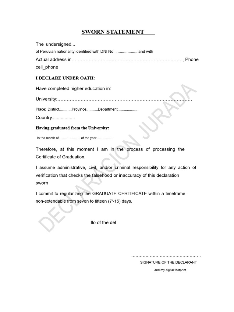 Sworn Statement for Graduation Certificate | PDF