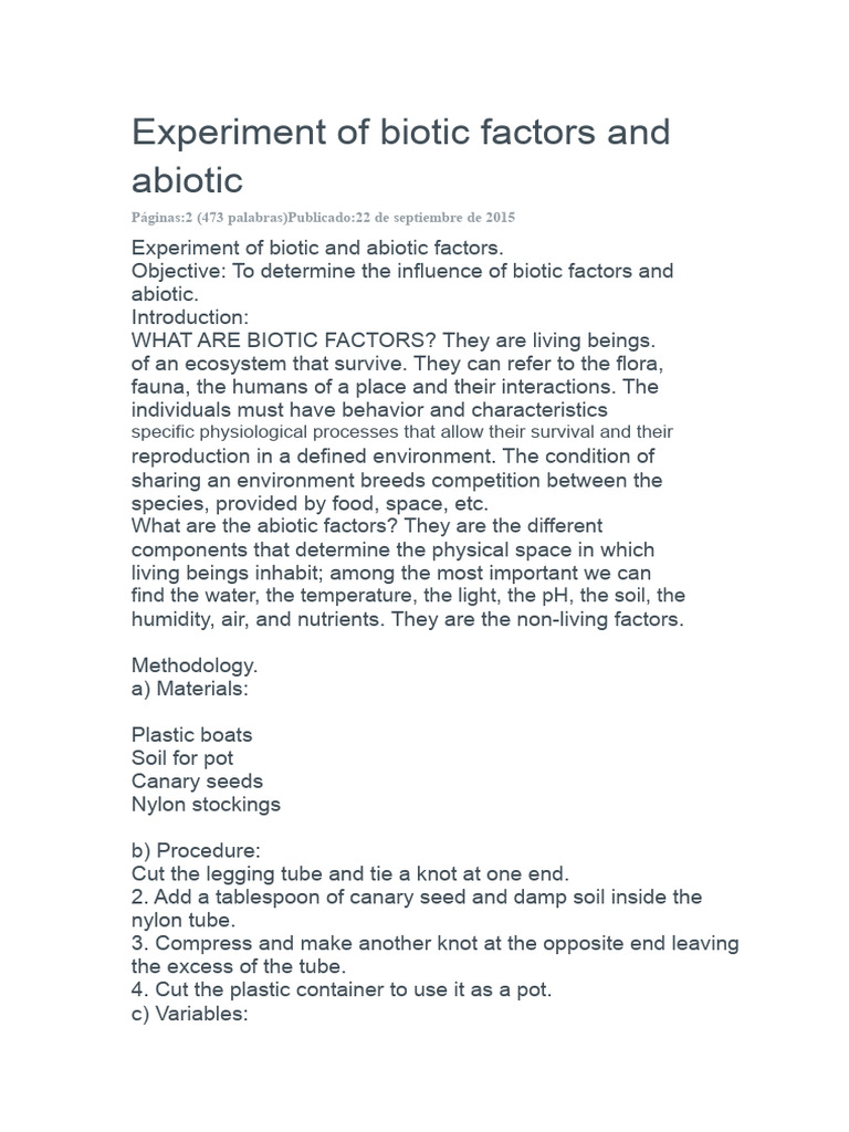 Biotic and Abiotic Factors Experiment | PDF