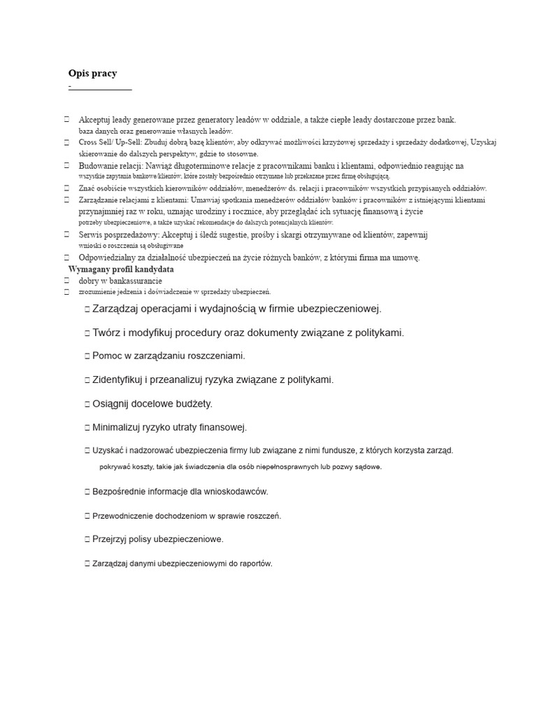 Opis Stanowiska W Ubezpieczeniach | PDF