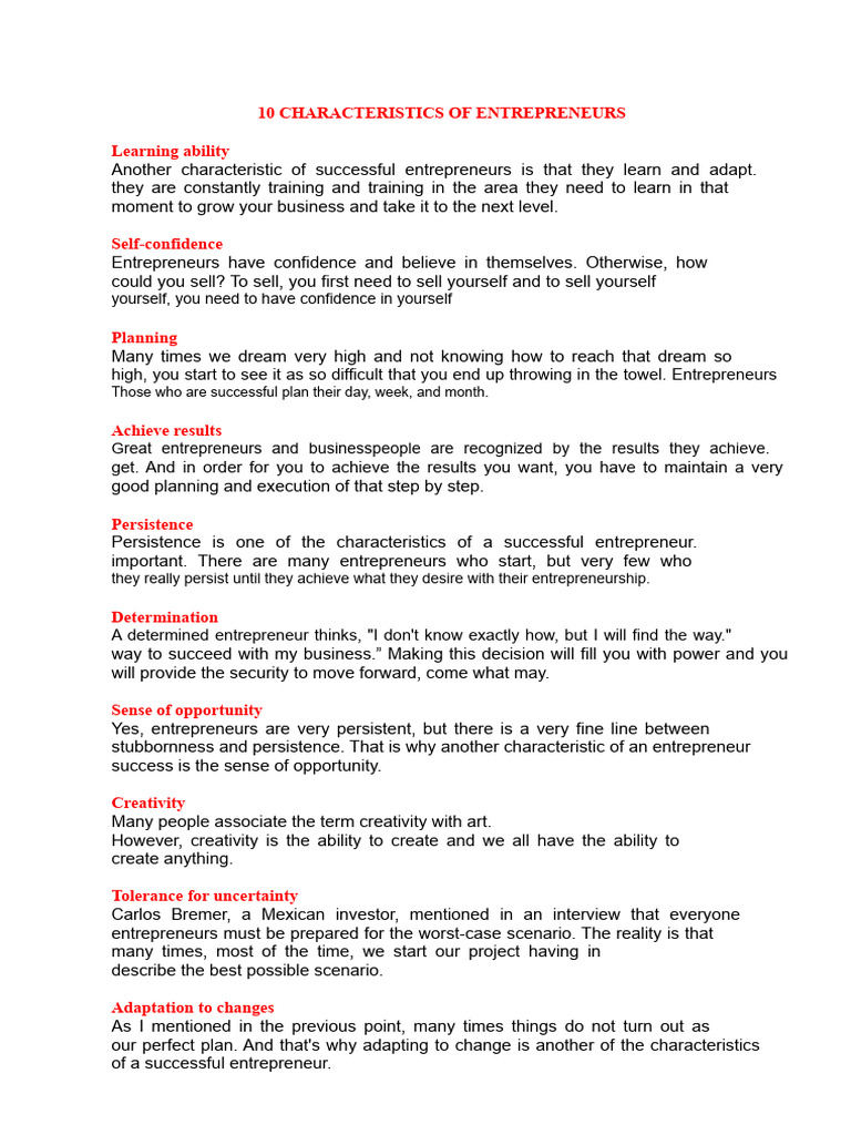 10 Characteristics of Entrepreneurs | PDF