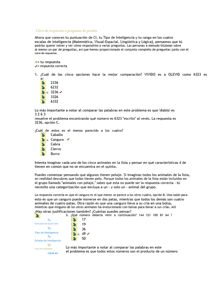 Clave de respuestas para prueba de CI | PDF | Cociente de inteligencia ...
