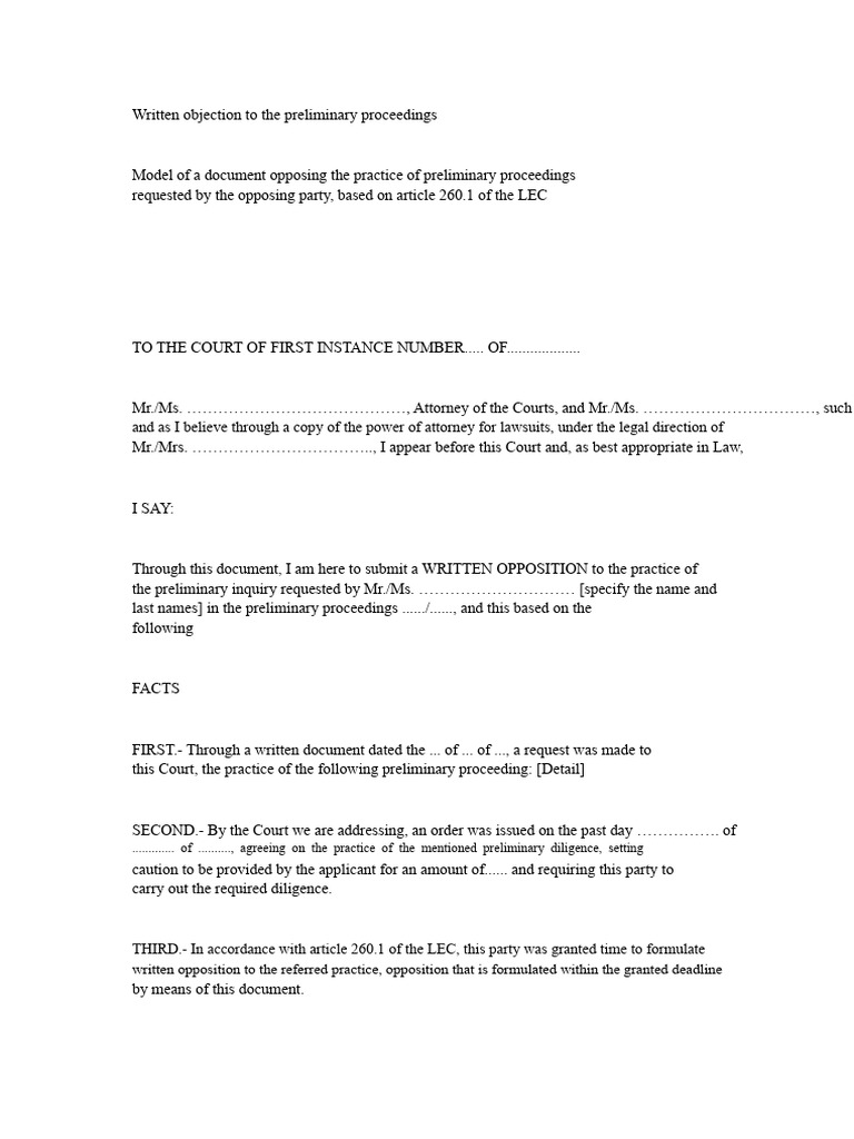 Written Opposition To The Preliminary Proceedings | PDF