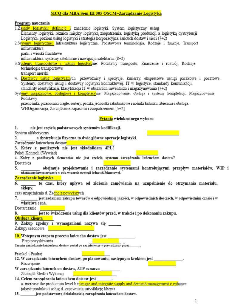 MCQ Dla MBA III 305 Oscm Logistyka | PDF