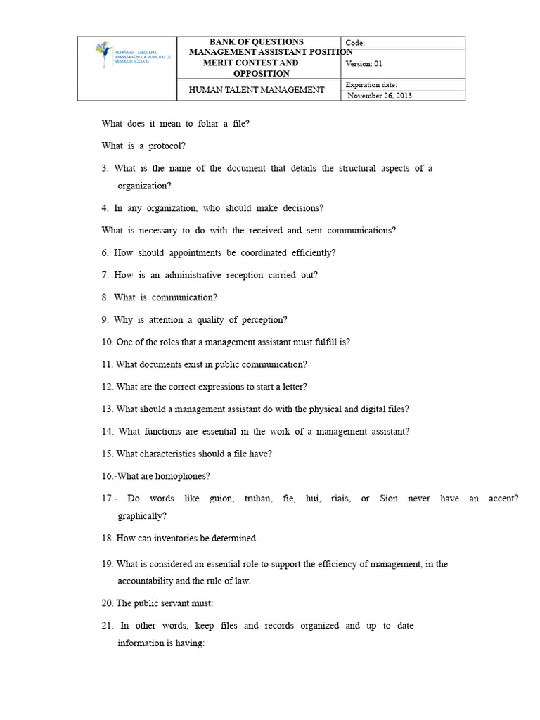 Management Assistant Exam Question Bank | PDF | Waste | Microsoft Excel