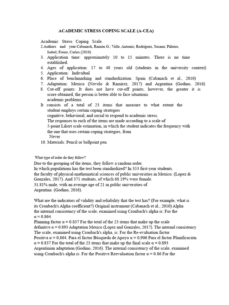Coping Scale For Academic Stress | PDF | Cronbach's Alpha | Internal ...