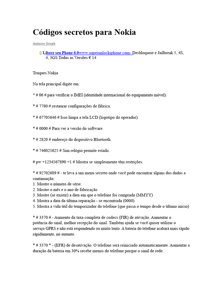 Códigos Secretos para Nokia | PDF | Bluetooth | Celulares