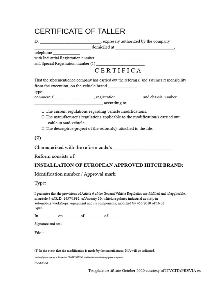 Vehicle Modification Certificate Template | PDF