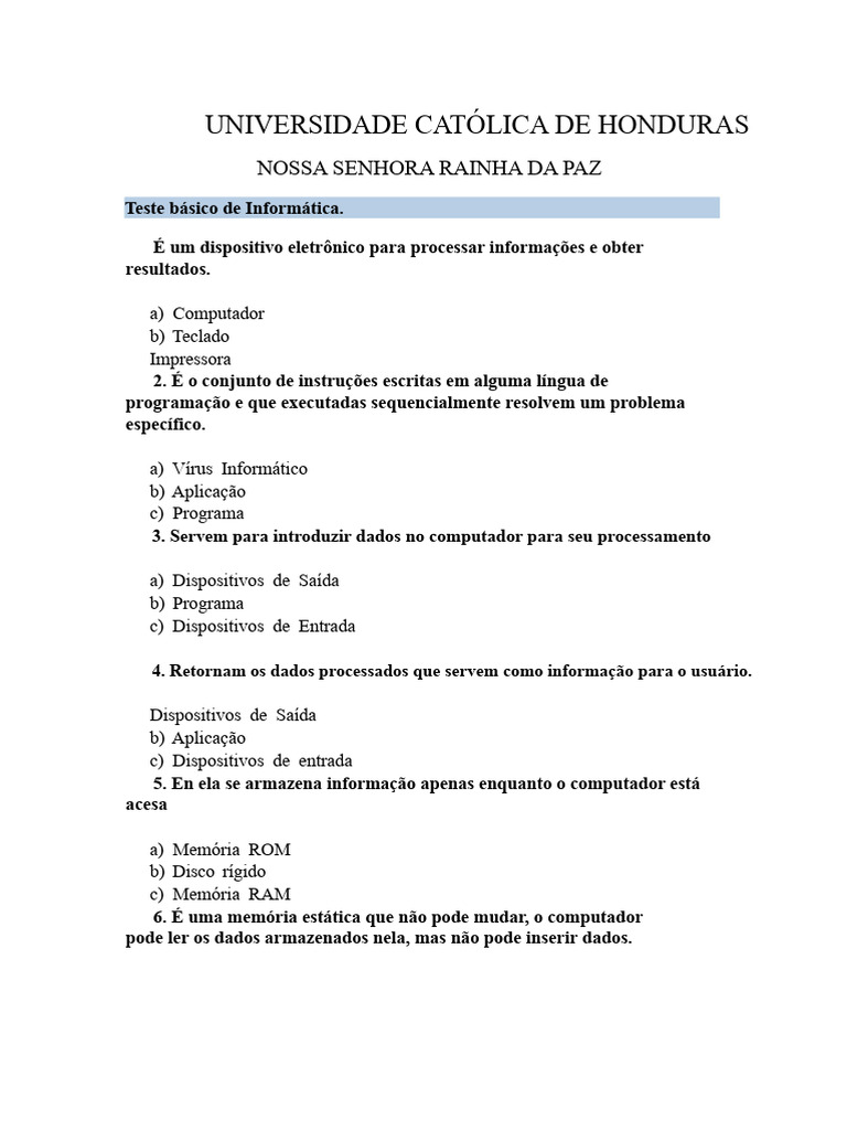 Teste Básico de Informática: Questões e Respostas | PDF | Rede de ...