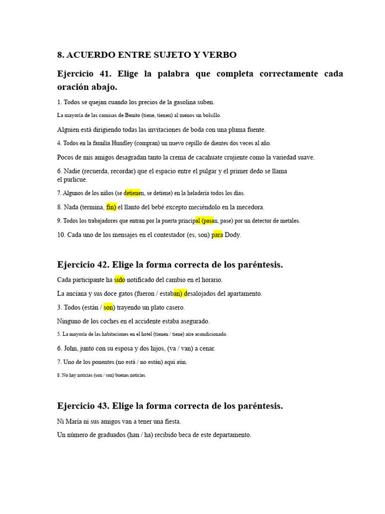 Acuerdo Entre Sujeto Y Verbo Ejercicio 41. Elige La Palabra Que ...