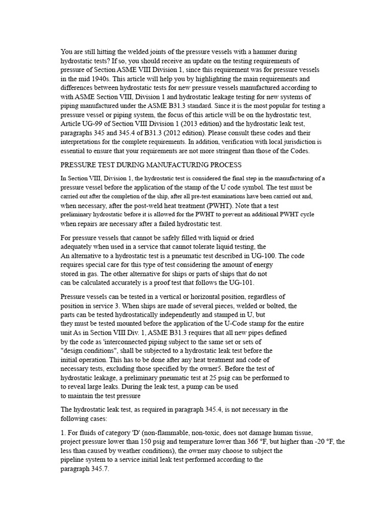 ASME B31.3 Hydrostatic Testing Guide | PDF | Leak | Welding