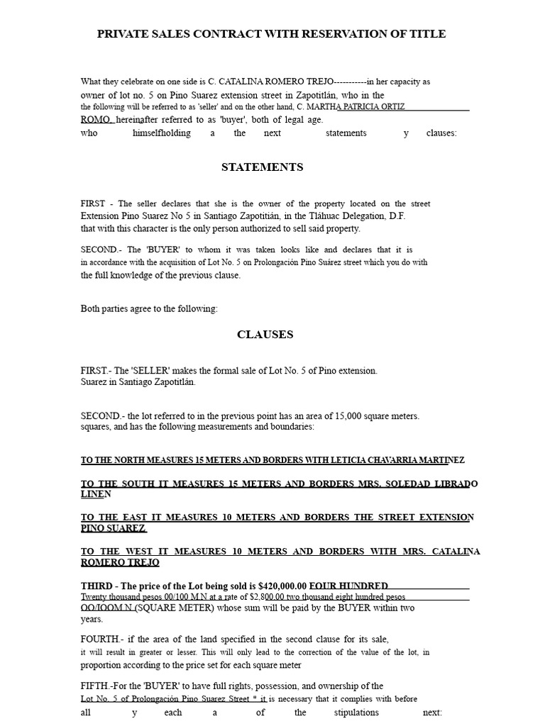 Private Purchase Sale Agreement With Retention of Title | PDF | Prices ...