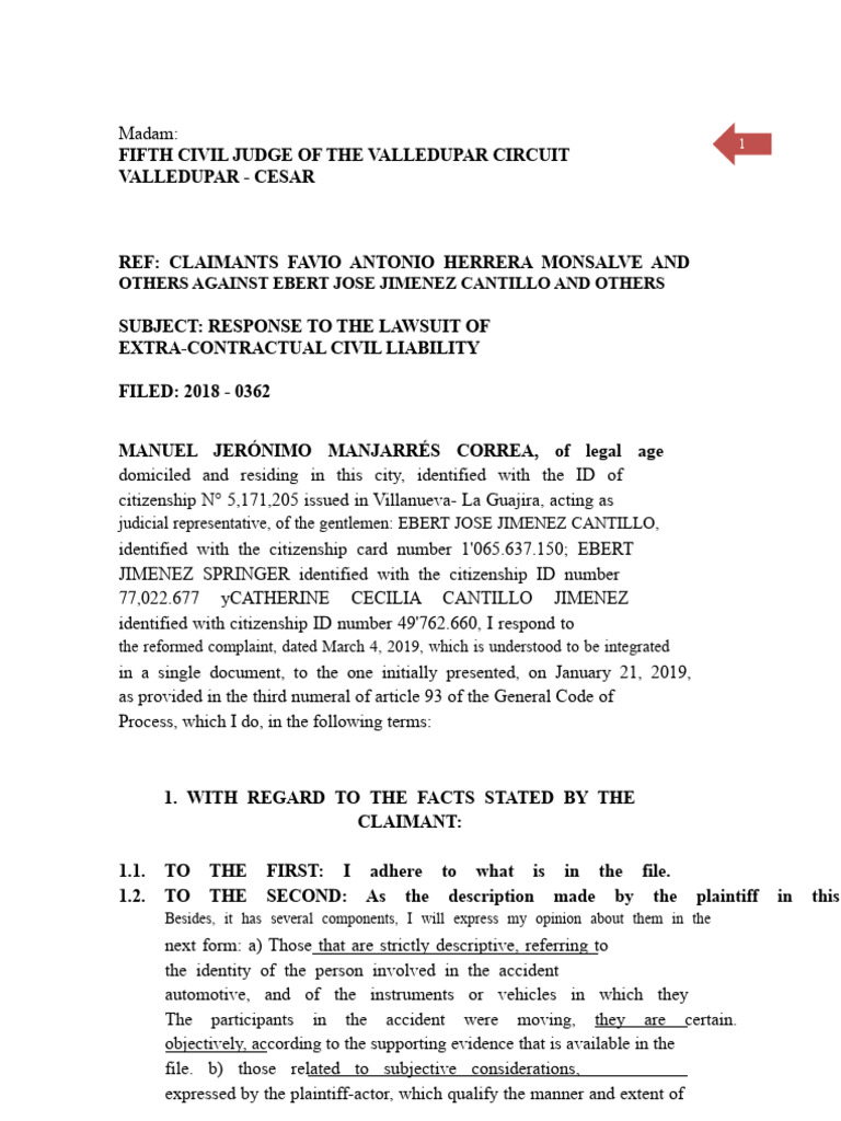 Response To Lawsuit For Extra-Contractual Civil Liability | PDF | Lawsuit | Argument