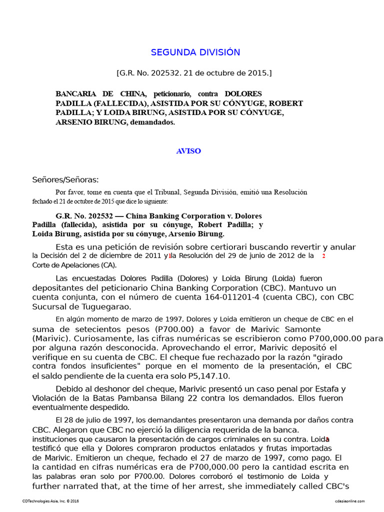 Banco de China S.A. v. Padilla | PDF | Cheque | Bancos
