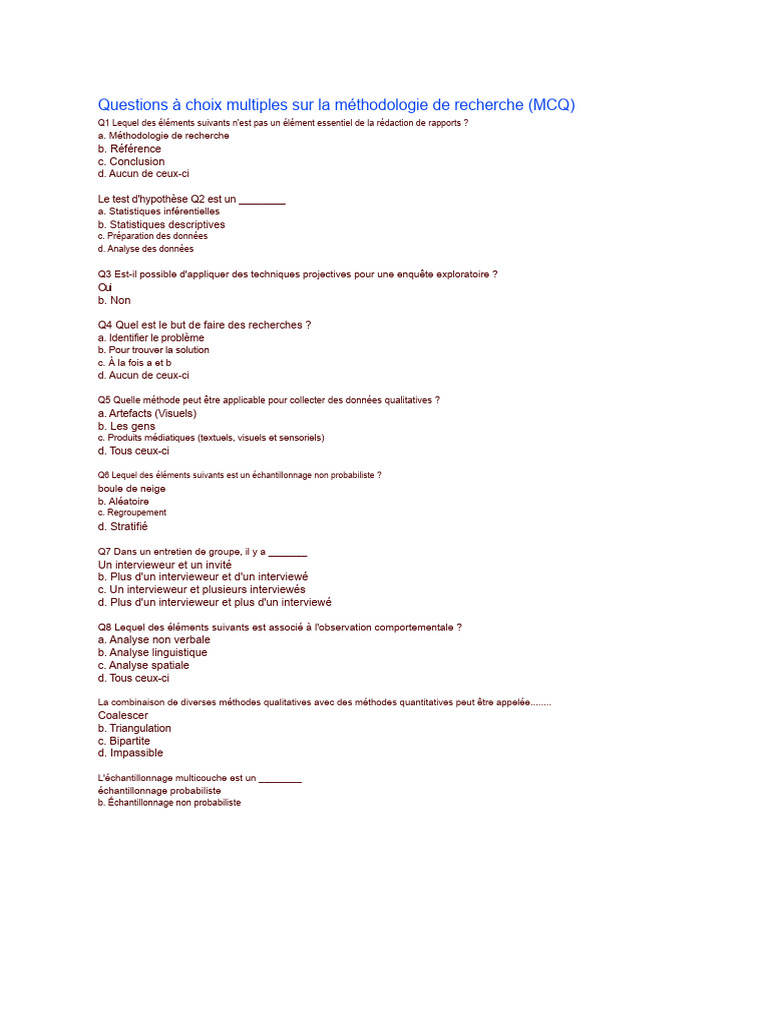 Méthodologie de Recherche Questions À Choix Multiples | PDF ...