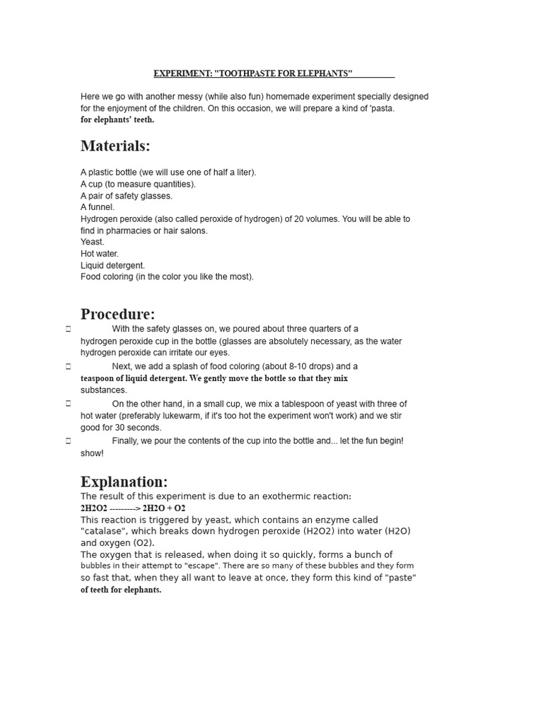 Elephant Toothpaste Experiment | PDF