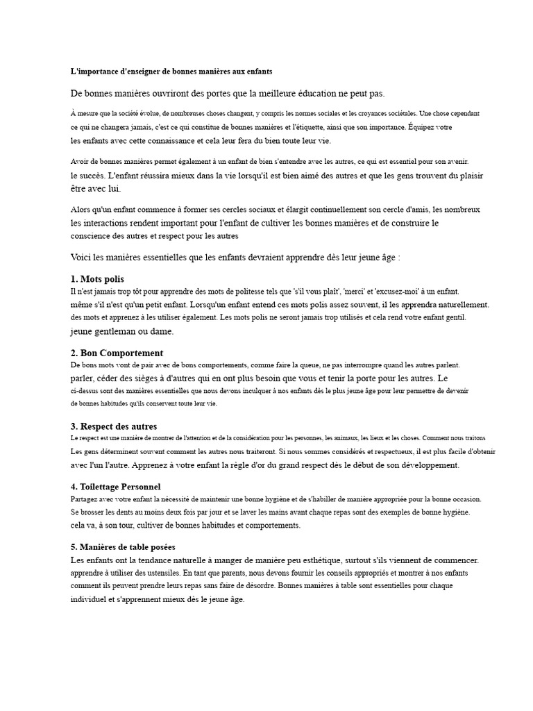 Enseigner les bonnes manières aux enfants | PDF | Étiquette