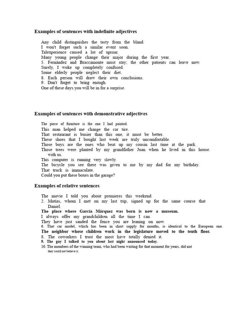 Examples of Sentences With Indefinite Adjectives. | PDF