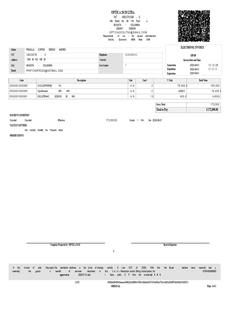 OPTICA 20/20 LTDA.: NIT 1,001,316,750 Vendedor | PDF | Invoice