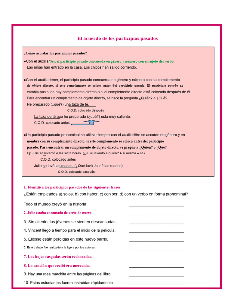 Los Participios Pasados Inter-Avanzados Ejercicios y Soluciones | PDF ...