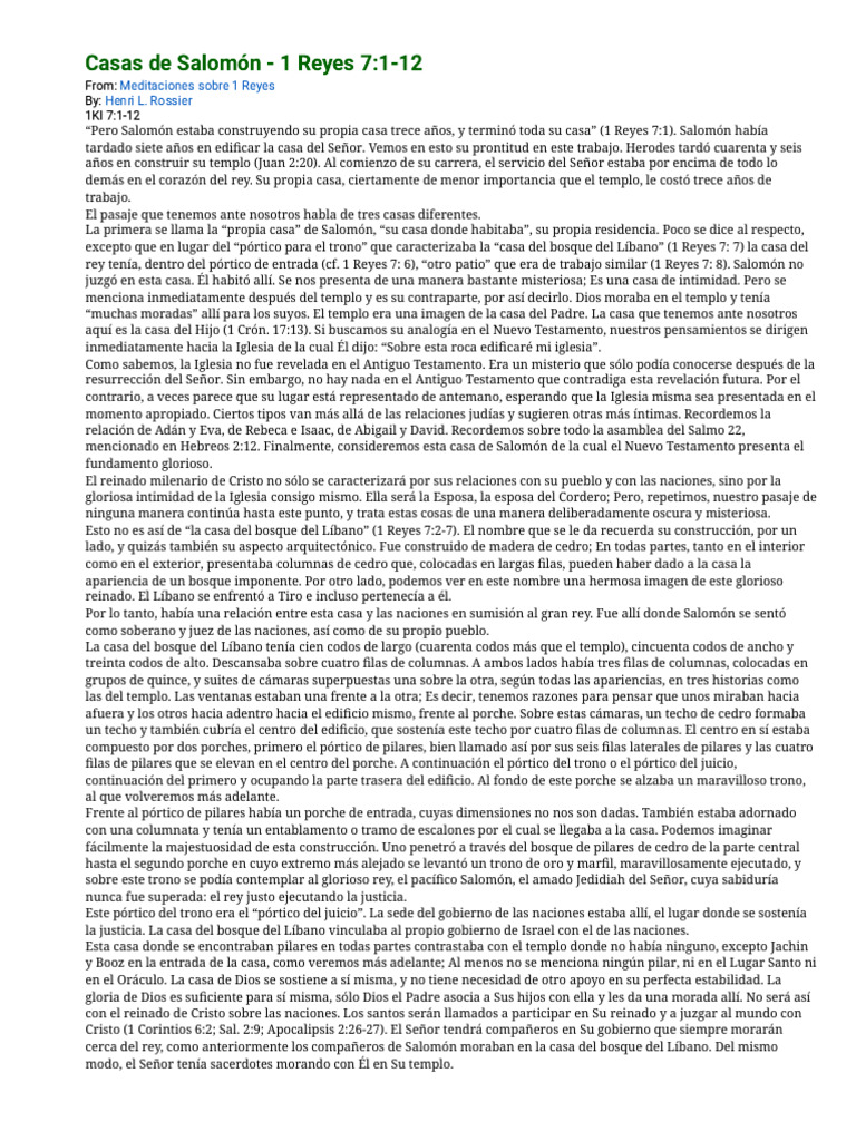 Casas de Salomón - 1 Reyes 7 - 1-12 - Henri L. Rossier (#200012) | PDF ...