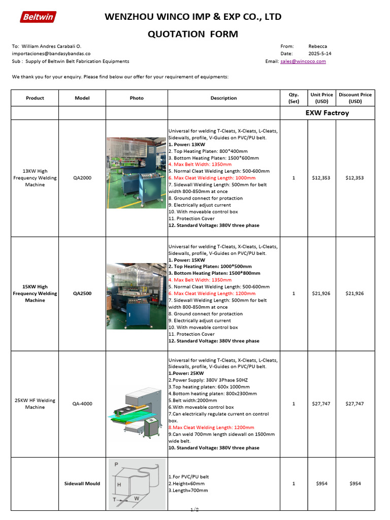 Beltwin HF Welding Machine Quotation 20250514 | PDF | Electricity ...