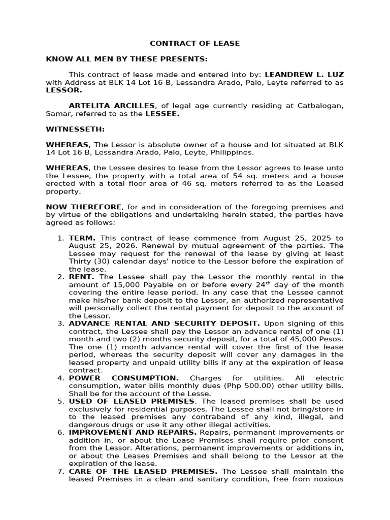 Contract of Lease-nina | PDF | Lease | Law And Economics