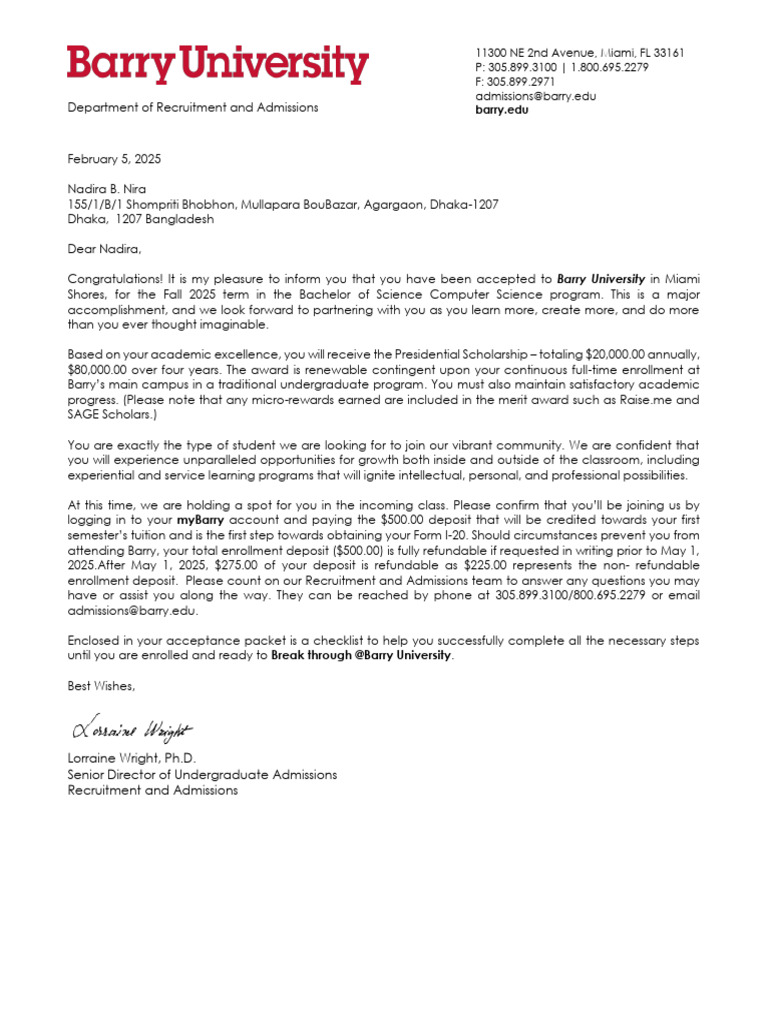 Barry University Acceptance Letter | PDF | Higher Education | Academia