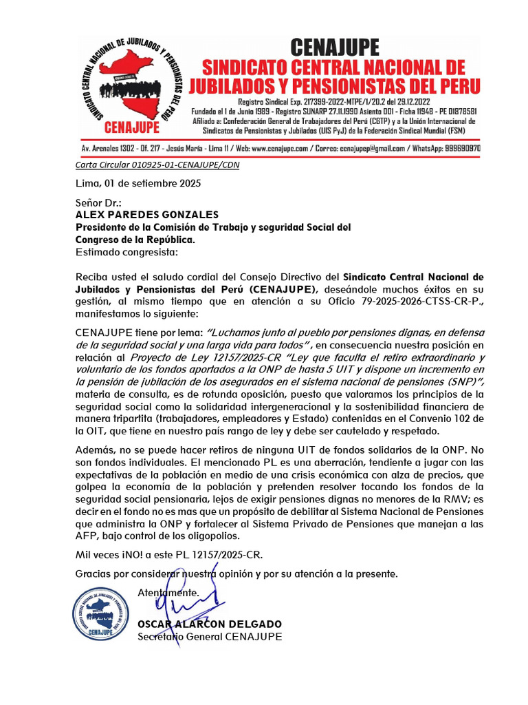 CARTA DE CENAJUPE EN RESPUESTA A CTSS DEL CONGRESO DE LA REPUBLICA ...