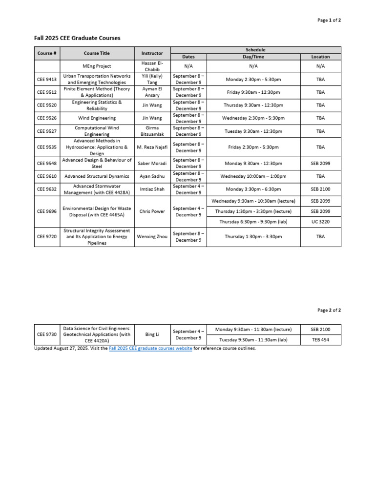 Fall 2025 CEE Graduate Course Schedule | PDF | Civil Engineering | Science