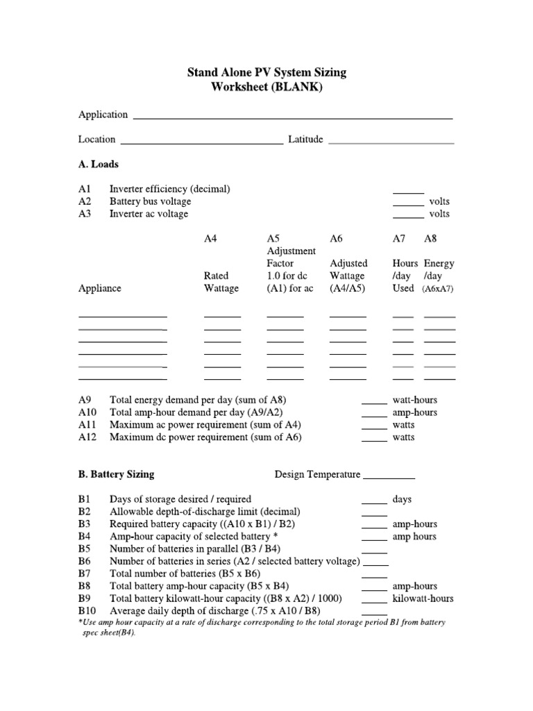 Stand Alone PV System Sizing Worksheet | PDF