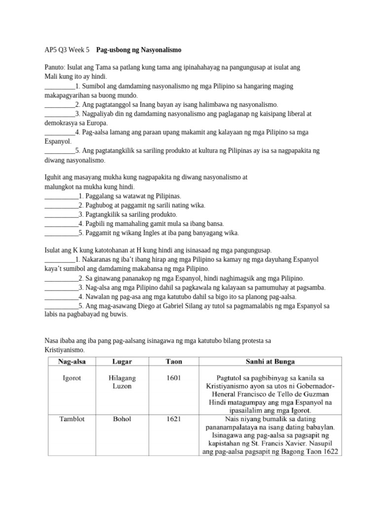AP5 Q3 Week 5 Pag Usbong NG Nasyonalismo | PDF