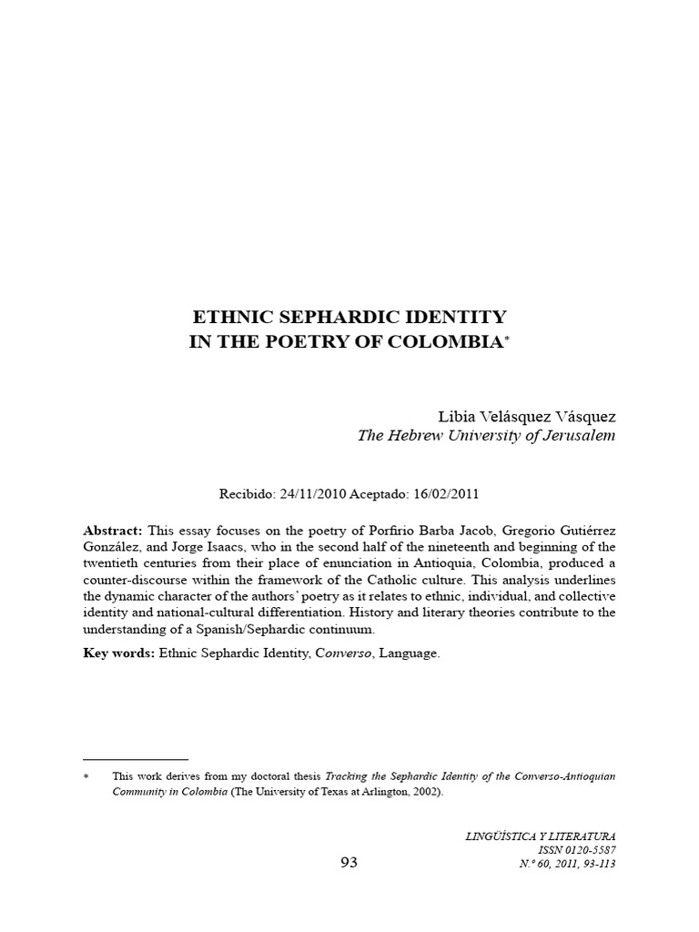 Ethnic Sephardic Identity in The Poetry of Colombia: Libia Velásquez ...