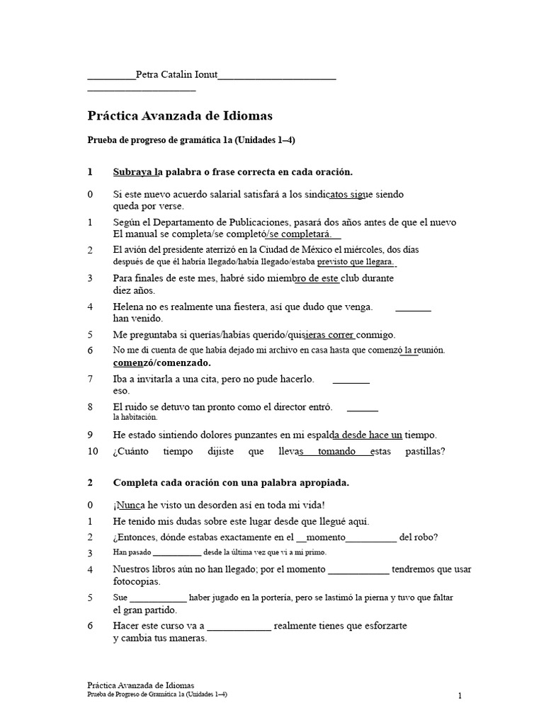 Prueba de Gramática Avanzada 1a | PDF | Universidad de Cambridge