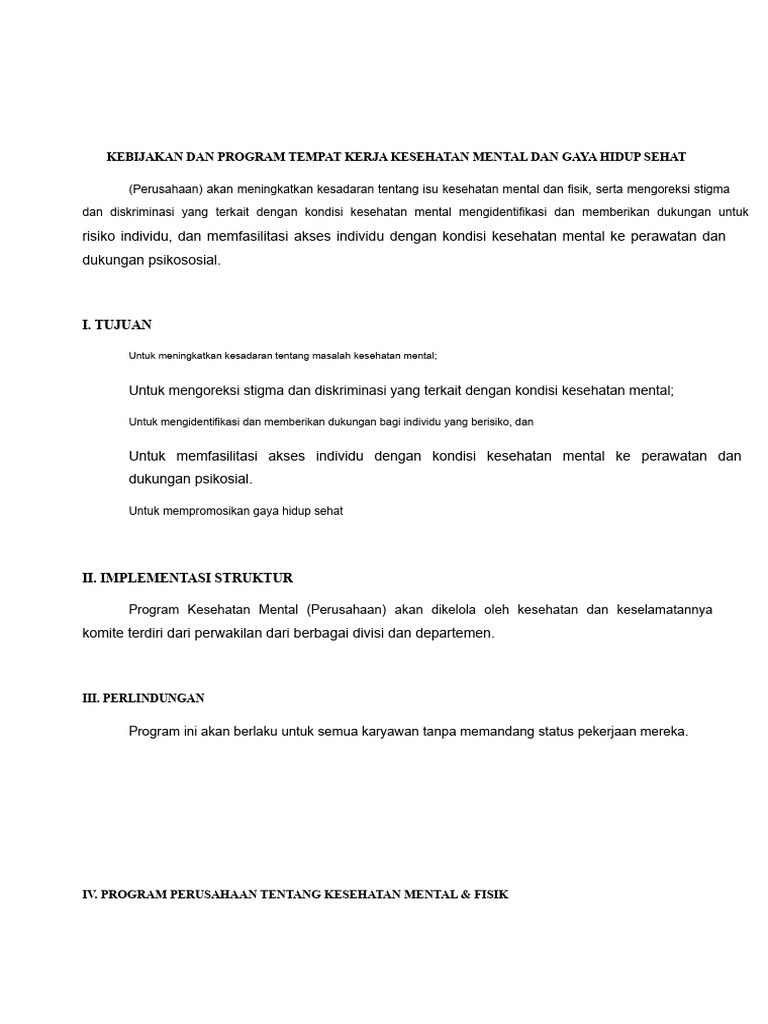 Kebijakan Dan Program Kesehatan Mental Dan Gaya Hidup Sehat Di Tempat Kerja | PDF