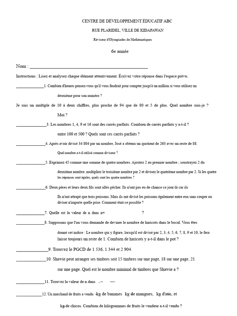 Problèmes de mathématiques 6e année | PDF