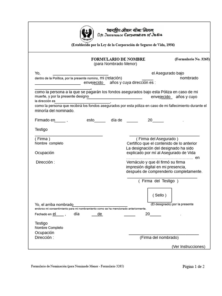 Formulario de Nominación para Menores | PDF | Póliza de seguros ...